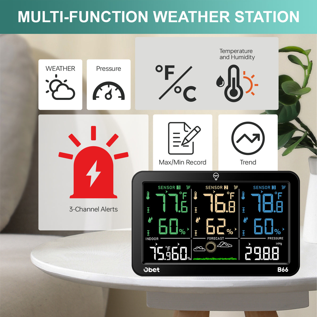 OBET Weather Station Wireless Indoor Outdoor Thermometer with 3 Sensor